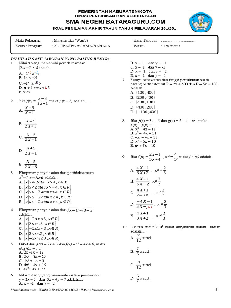 Soal PAT MTK Wajib Kelas X K13 | PDF