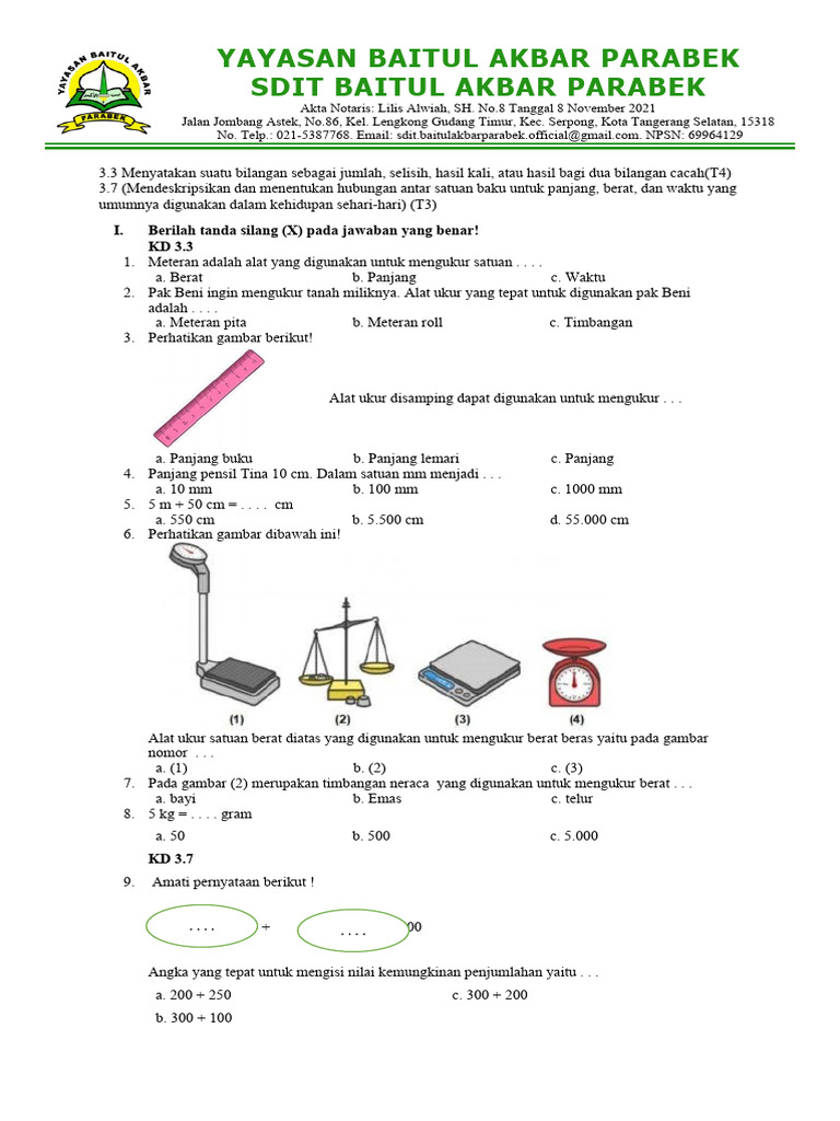 Soal Pas Ganjil MTK Kelas 3 | PDF