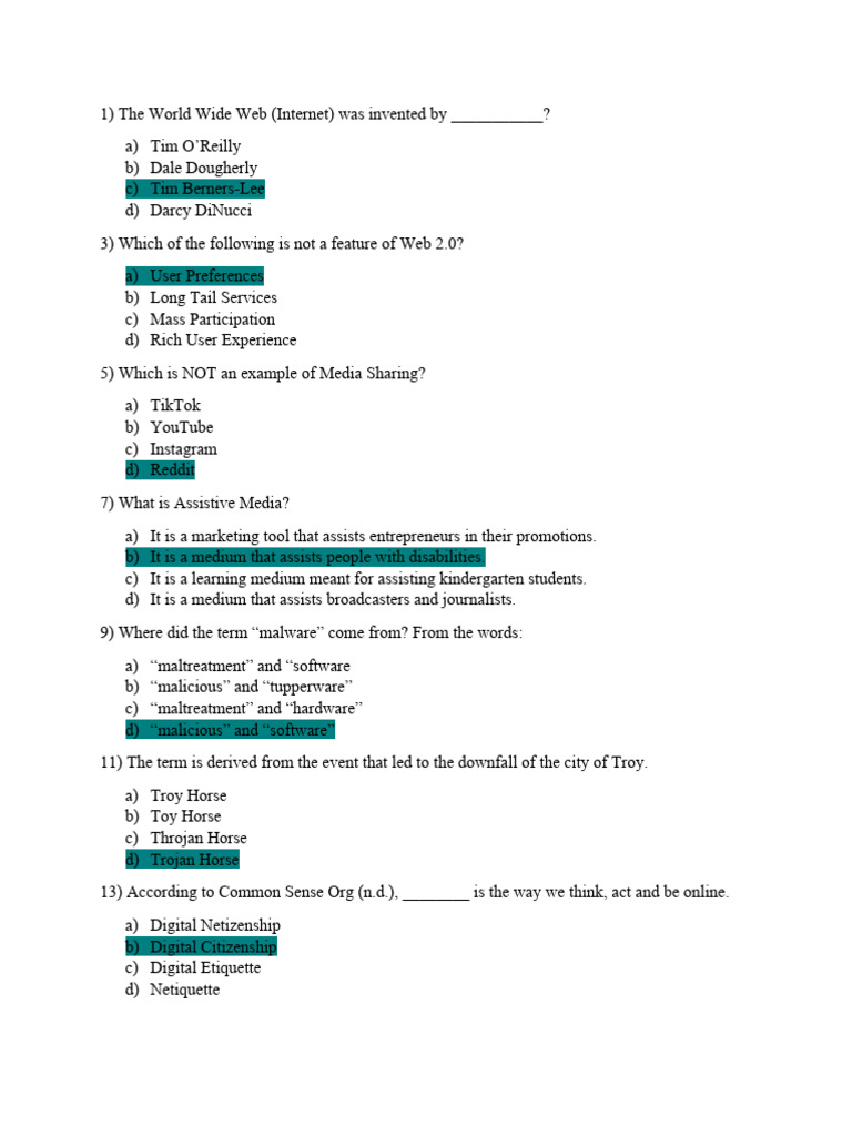 Web and Digital Literacy Quiz Questions | PDF | Websites | Microsoft Excel