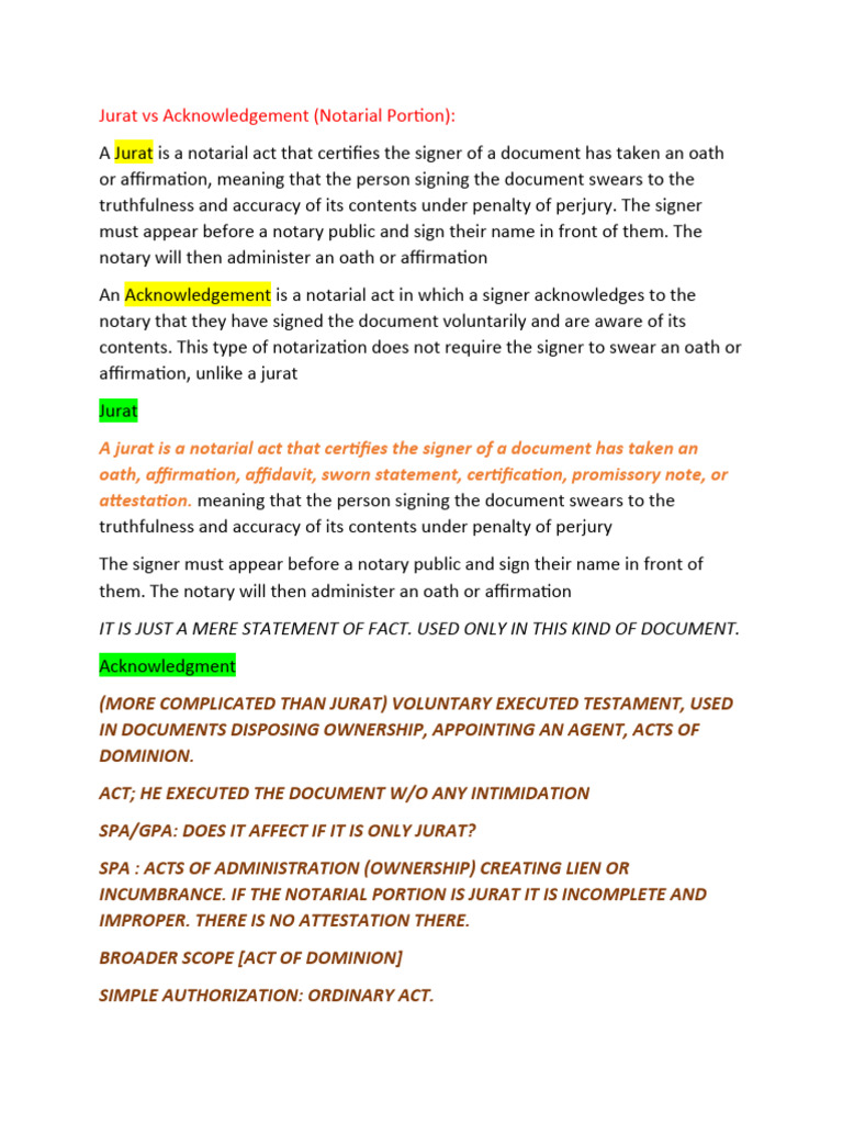 Jurat vs Acknowledgement Explained | PDF | Notary Public | Affidavit