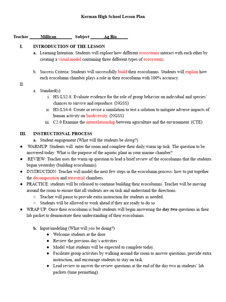 Millican Ecocolumn Lesson Plan | PDF | Lesson Plan | Behavior Modification