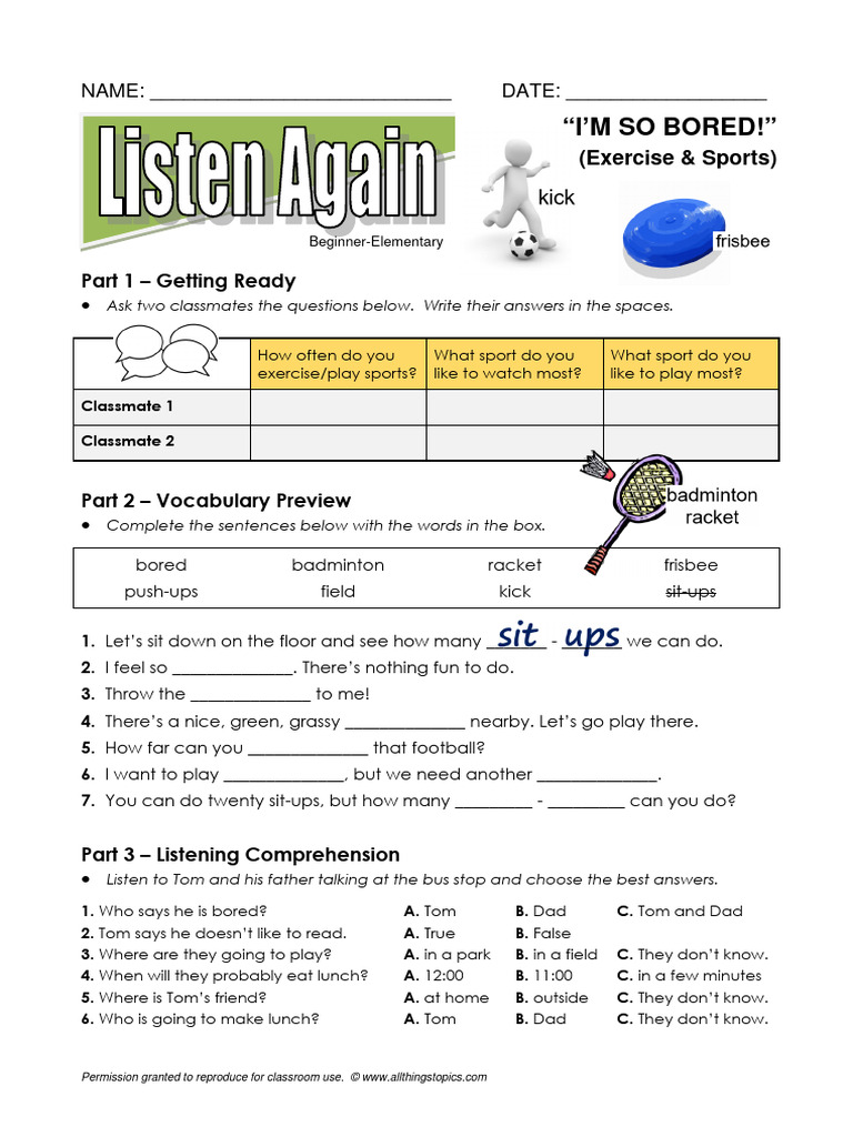 Listen Again Exercise Sports 20230821 | PDF | Vocabulary | Learning