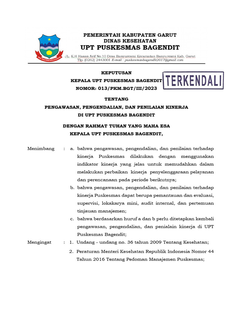 1.6.1.2 B) SK PENGAWASAN, PENGENDALIAN DAN PENILAIAN KINERJA 2023 | PDF