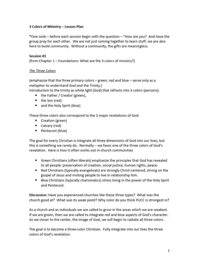 3 Colors of Ministry - Lesson Plan One Note - Before Each Session Begin ...