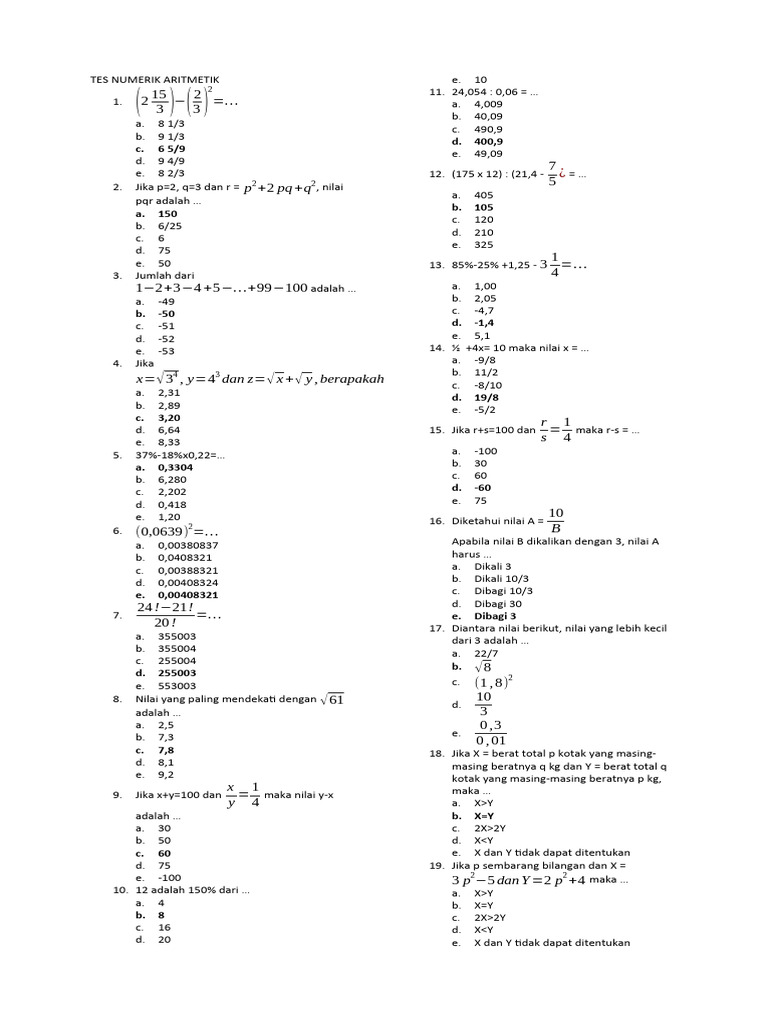 Soal Tes Numerik Aritmetik Lengkap | PDF