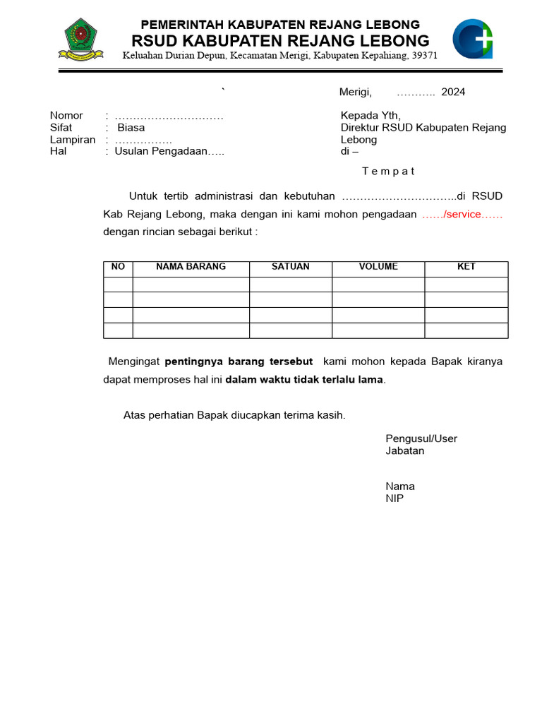 Contoh SPJ Pengadaan RSUD Rejang Lebong | PDF