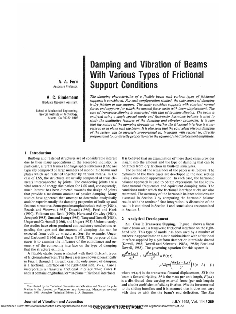 Damping and Vibration of Beams With Various Types of Frictional Support ...