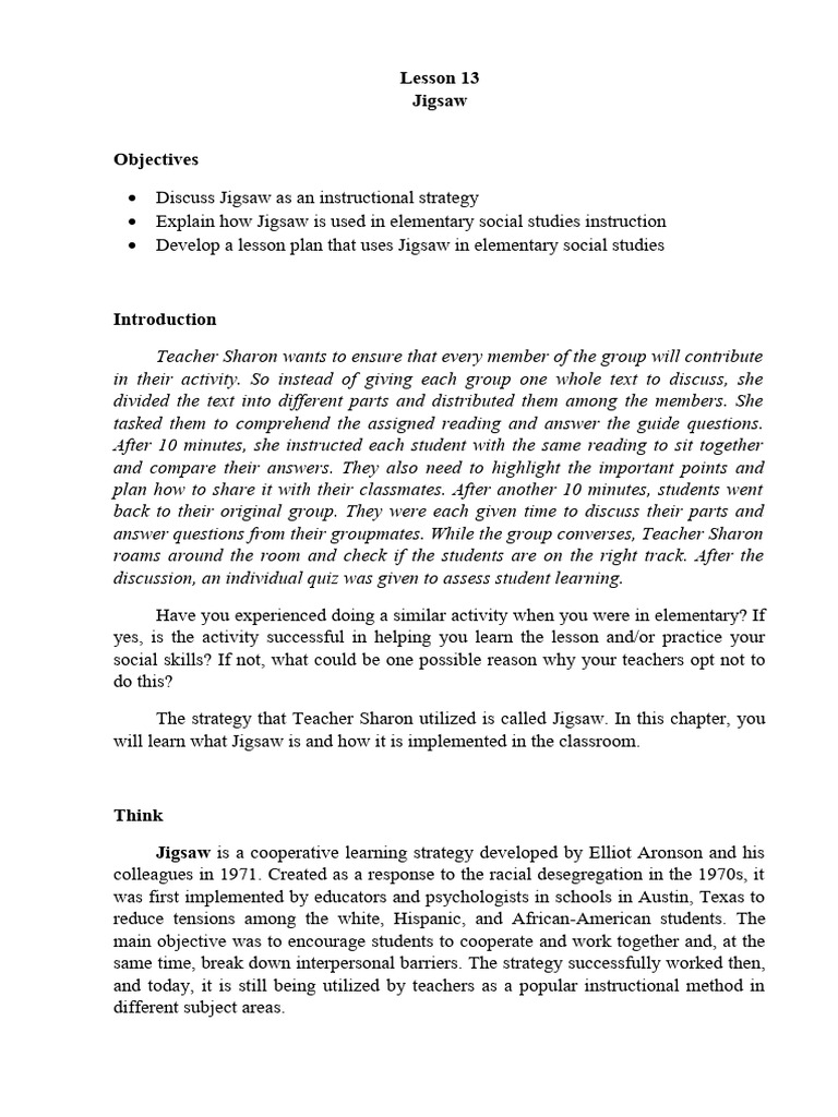 Lesson 13 - Jigsaw | PDF | Teachers | Learning