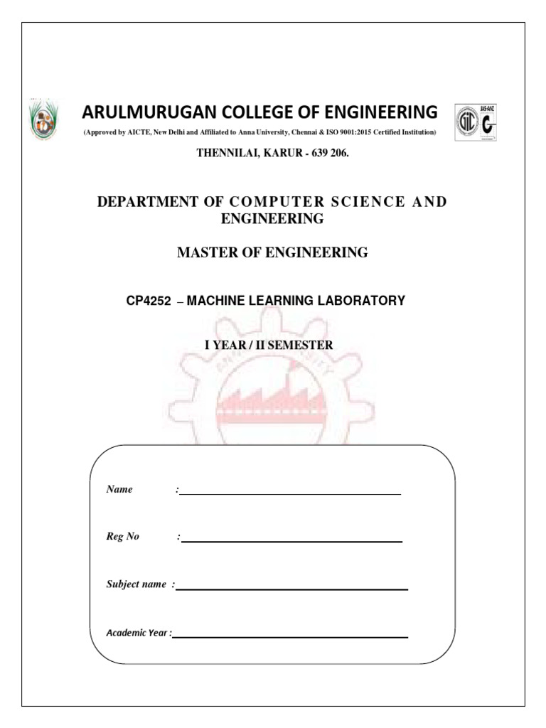CP4252 Machine Learning Lab Manual | PDF | Statistical Classification ...