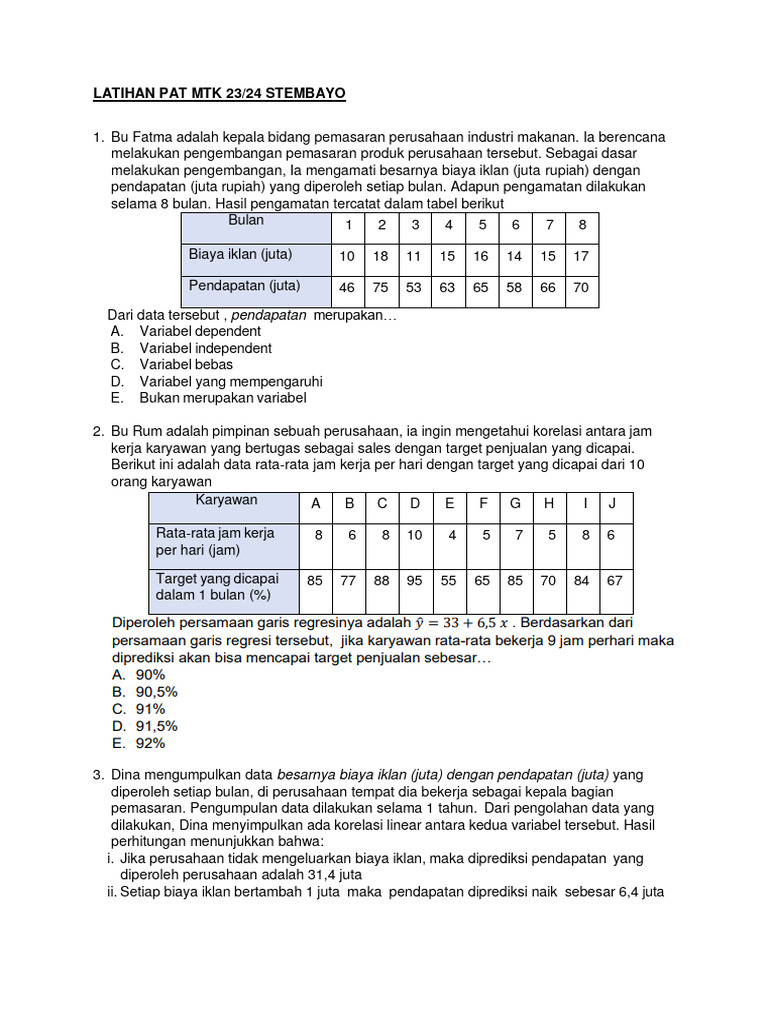 Soal Latihan PAT MTK Kelas 11 (Utk Murid) | PDF
