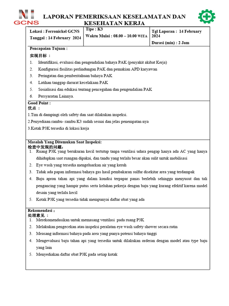 Inspeksi Khusus Keselamatan Dan Kesehatan Kerja Ferronickel GCNS | PDF