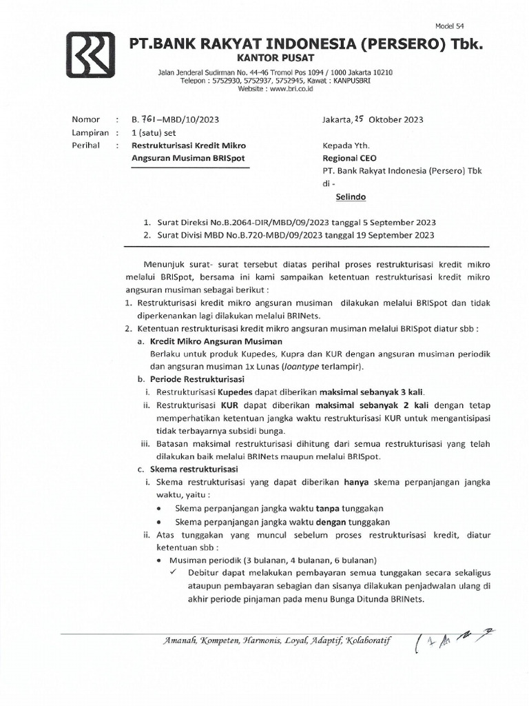B 761 MBD Restrukturisasi Kredit Mikro Angsuran Musiman BRISpot | PDF