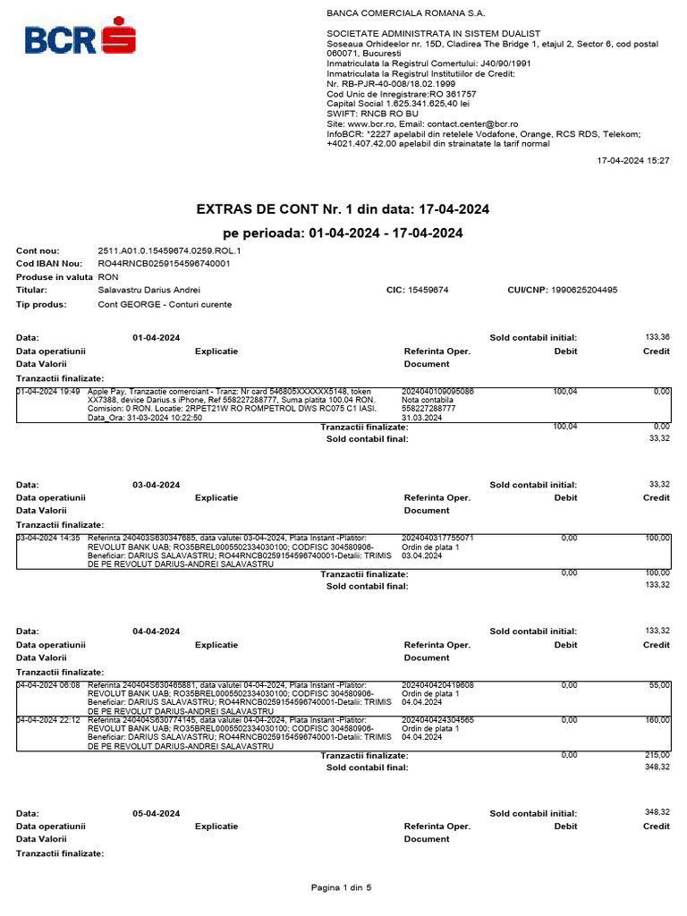 Pe Perioada: 01-04-2024 - 17-04-2024 EXTRAS DE CONT Nr. 1 Din Data: 17 ...