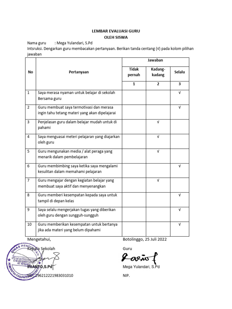 LEMBAR EVALUASI GURU Oleh Murid | PDF | Pengembangan Diri