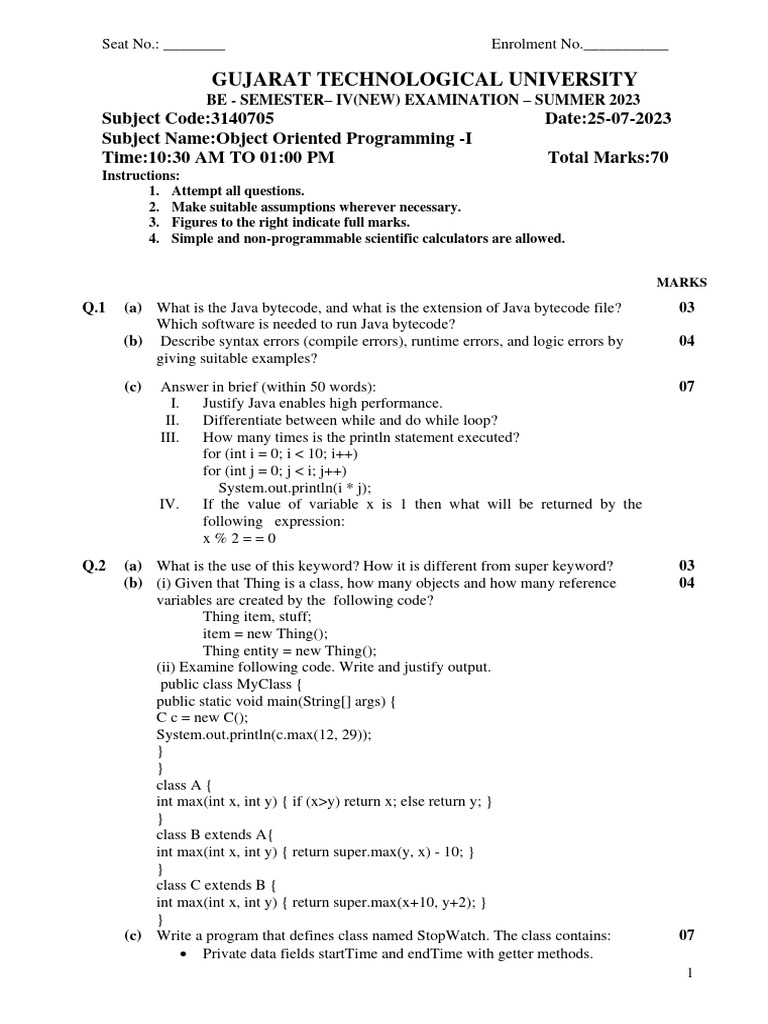Gujarat Technological University | PDF | Class (Computer Programming) | Method (Computer ...