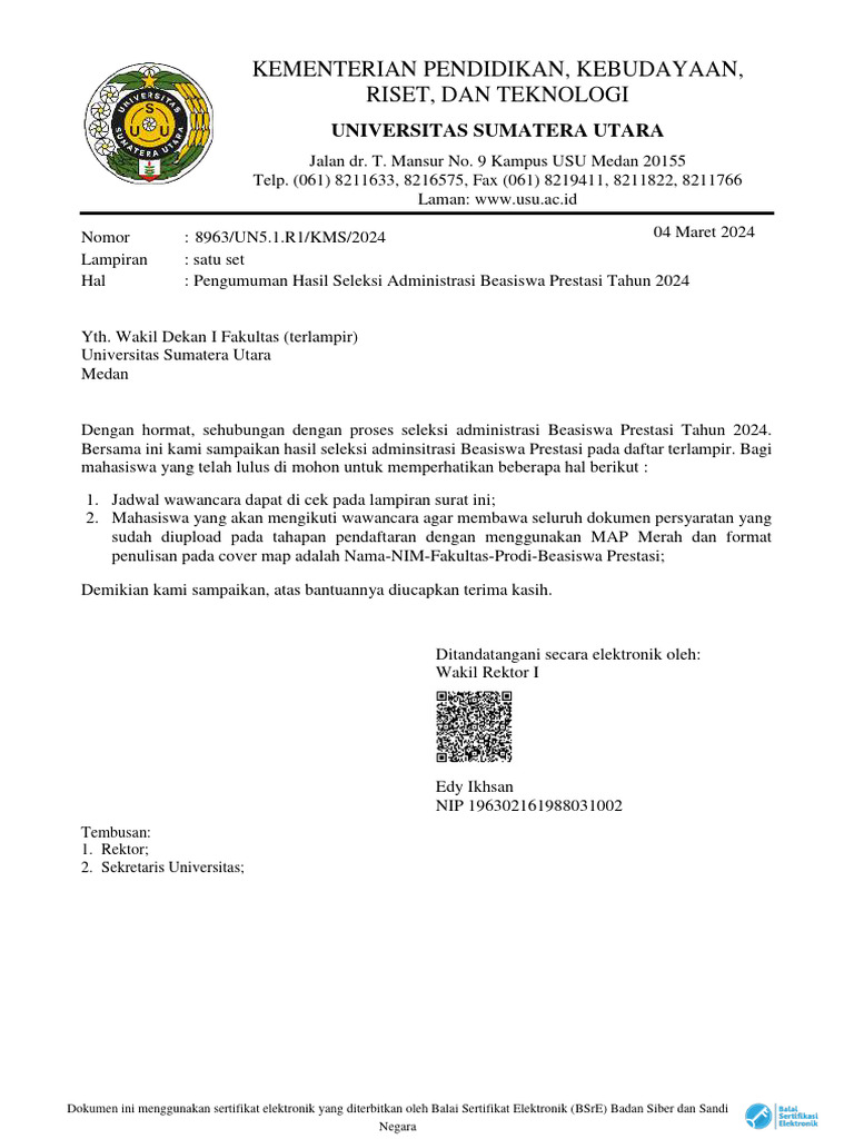 Pengumuman Hasil Seleksi Administrasi Beasiswa Prestasi Tahun 2024 | PDF