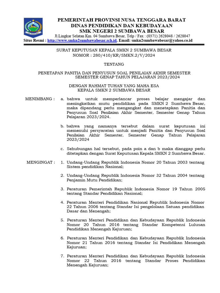 SK Panitia Dan Penyusun Soal PAS Smt. Genap TP 2023 2024 | PDF