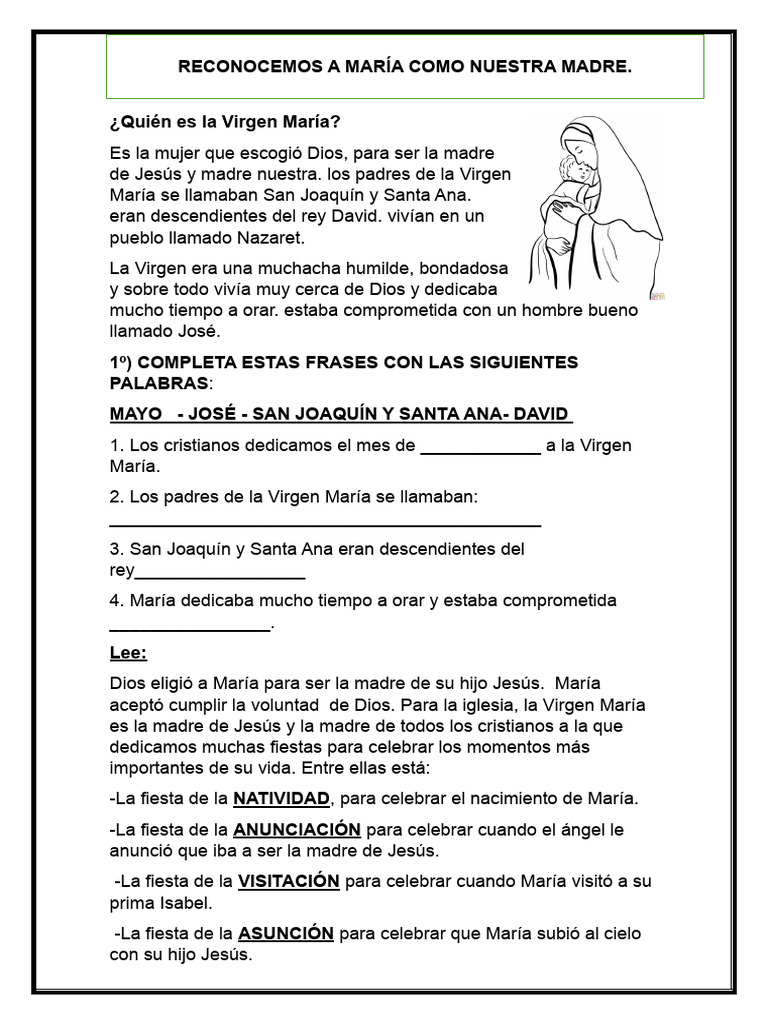 Ficha de Religión - Reconocemos A Maria Como Nuestra Madre | PDF | María, madre de Jesús | San José