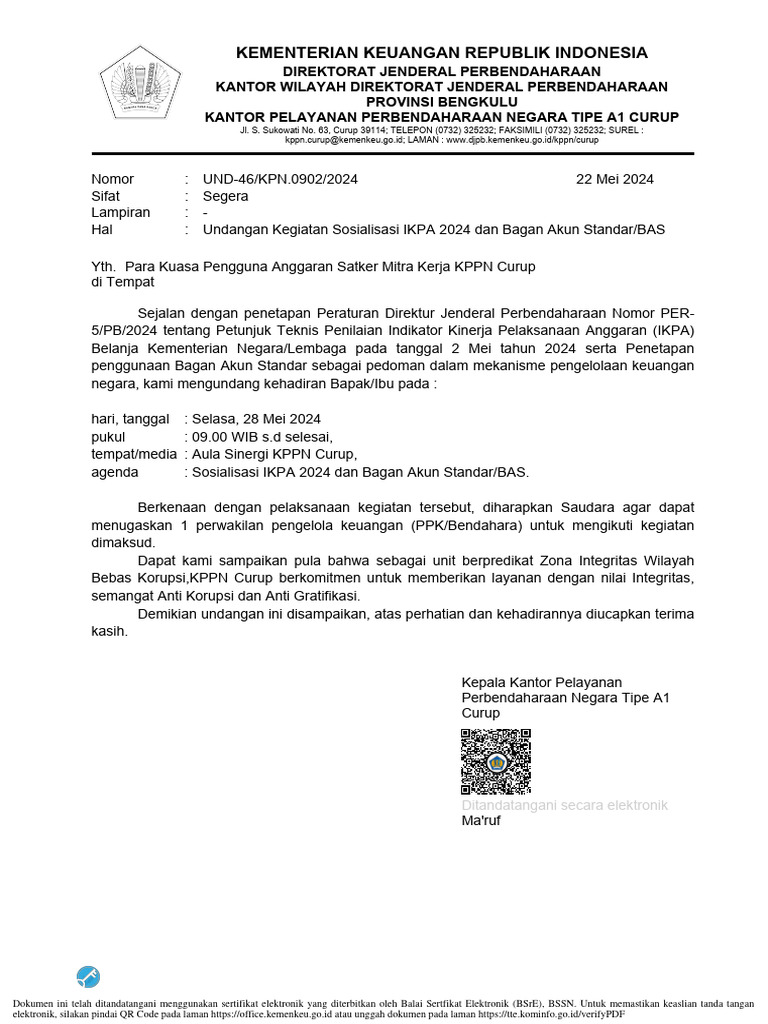 Undangan Kegiatan Sosialisasi IKPA 2024 Dan Bagan Akun Standar - BAS | PDF