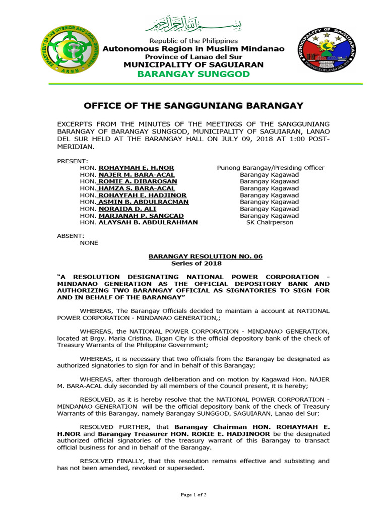 Brgy. Resolution 04 (Signatories in Lbp) | PDF