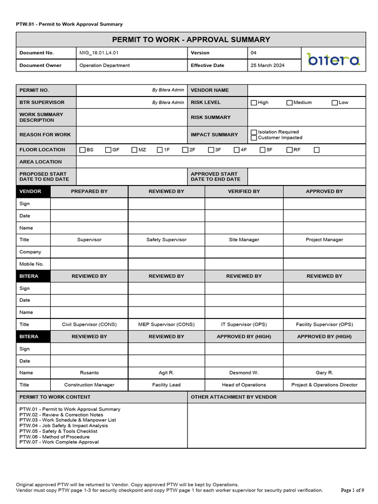 MIG - 18.01.L4.01 - Permit To Work Form - V04 - Y240321 | PDF | Pump