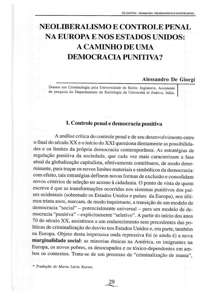 Alessandro de Giorgi - Neoliberalismo e Controle Penal Na Europa e Nos ...