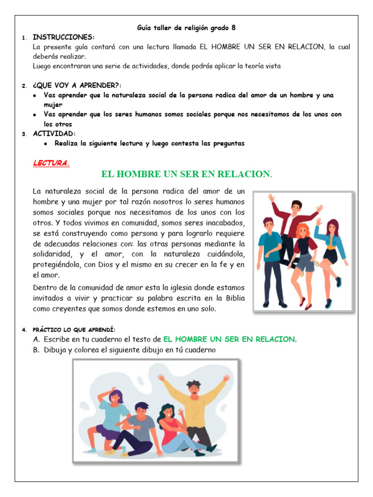 Guía de Taller de Religión 8° Grado | PDF | Amor | Dios