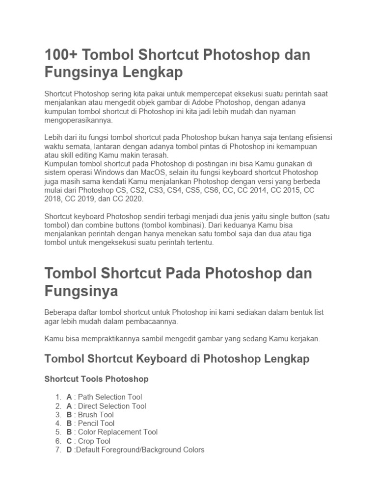 100 Tombol Shortcut Photoshop | PDF | Adobe Photoshop | Vision