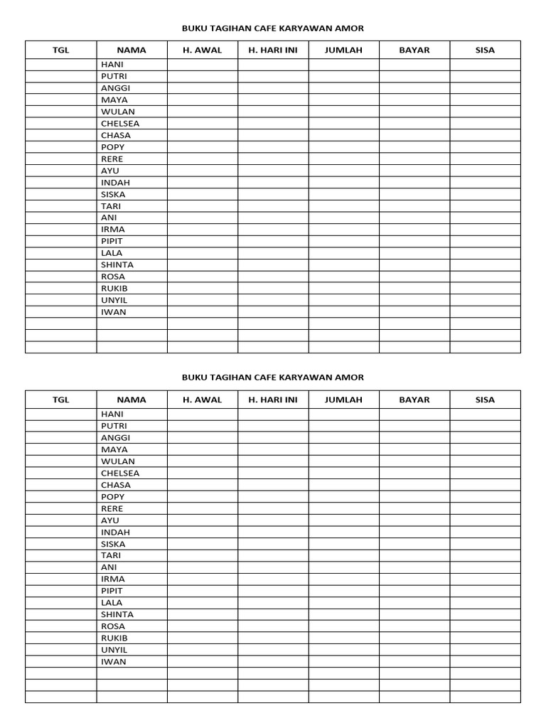 Buku Tagihan Cafe Karyawan Amor | PDF