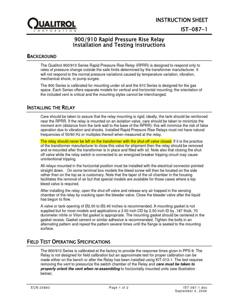 Instruction Sheet IST-087-1 900/910 Rapid Pressure Rise Relay ...