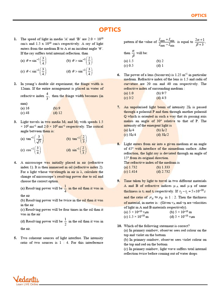 JEE Main Optics Practice Paper With Solutions Download PDF | PDF ...