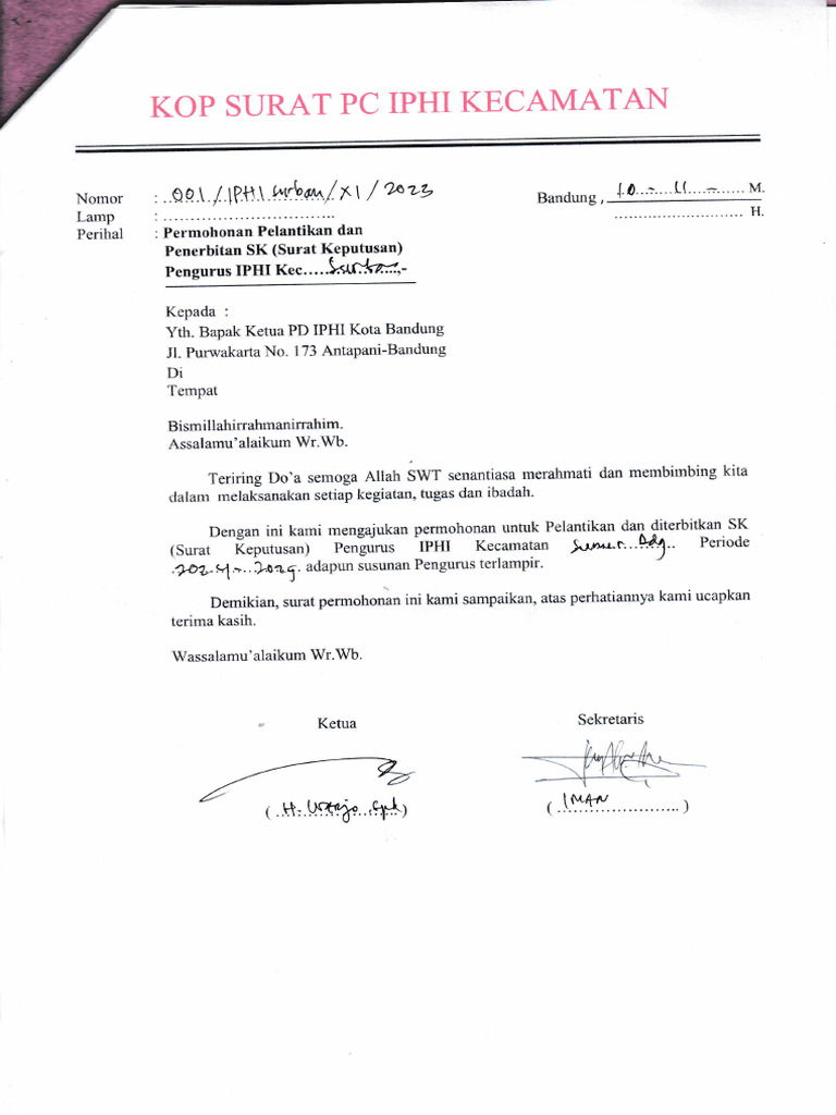 Permohonan Pelantikan Penerbitan SK PC IPHI Surban | PDF