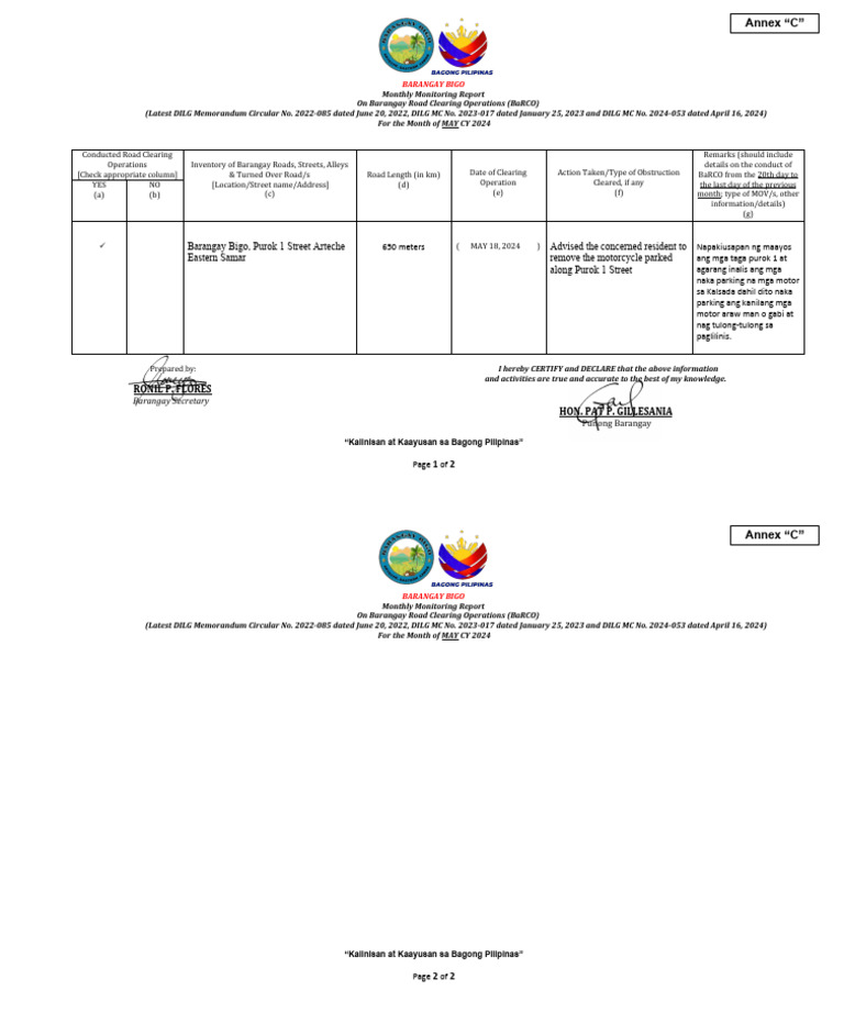 Barangay Bigo Road Clearing Report May 2024 | PDF