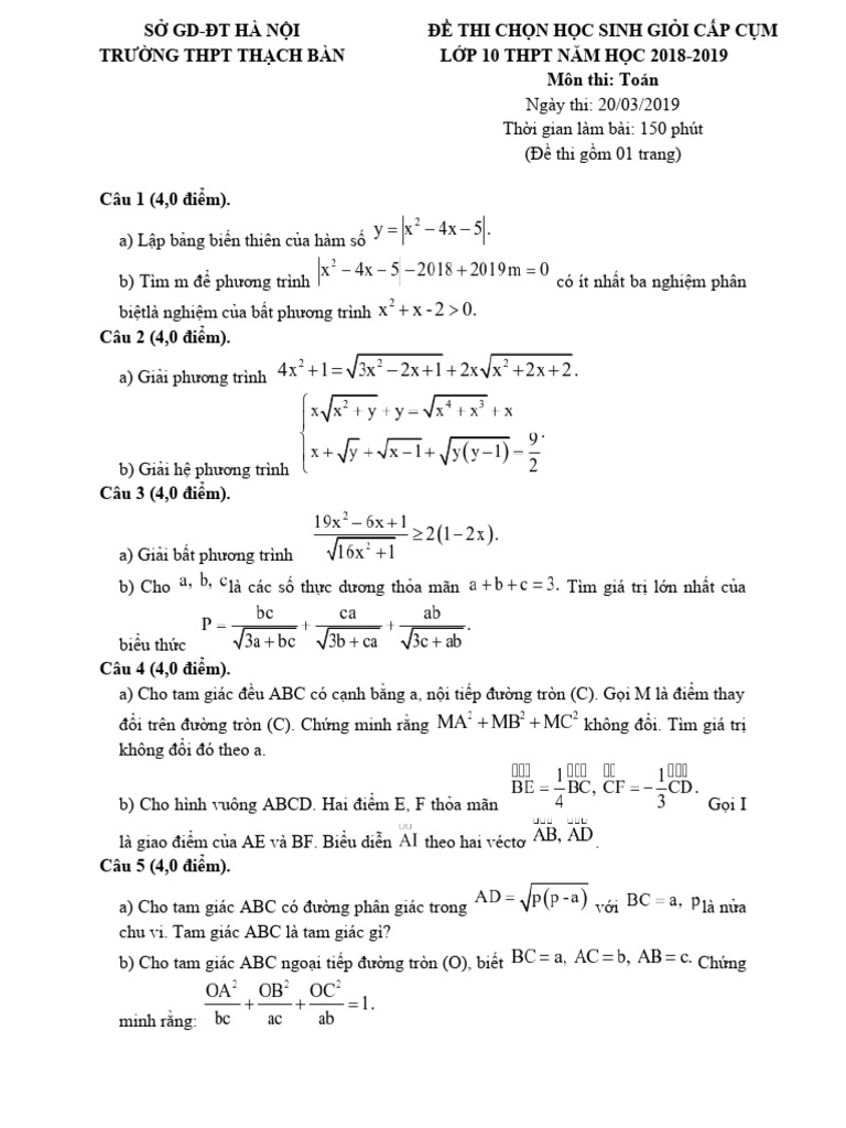 27 Olympic Toan 10 Truong Thach Ban Gui Cum LB GL 2018 2019 | PDF