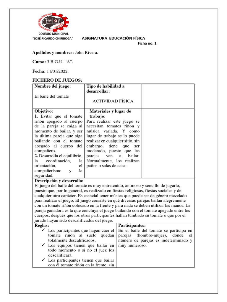 JOHN RIVERA 3A EDUCACION FISICA SEMANA 2 INTERDICIPLINAR Formato Ficha ...
