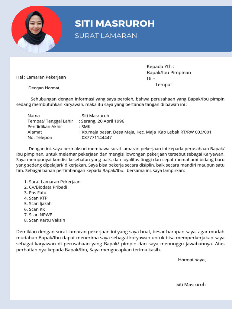 Lamaran Kerja Siti Masruroh | PDF