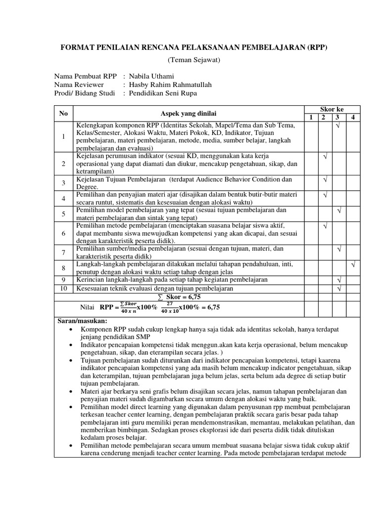 Evaluasi RPP Pendidikan Seni Rupa | PDF