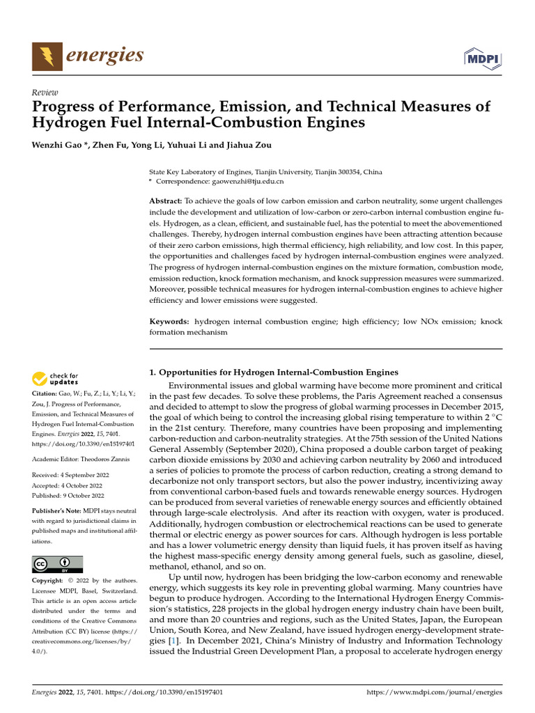 Energies: Progress of Performance, Emission, and Technical Measures of Hydrogen Fuel Internal ...
