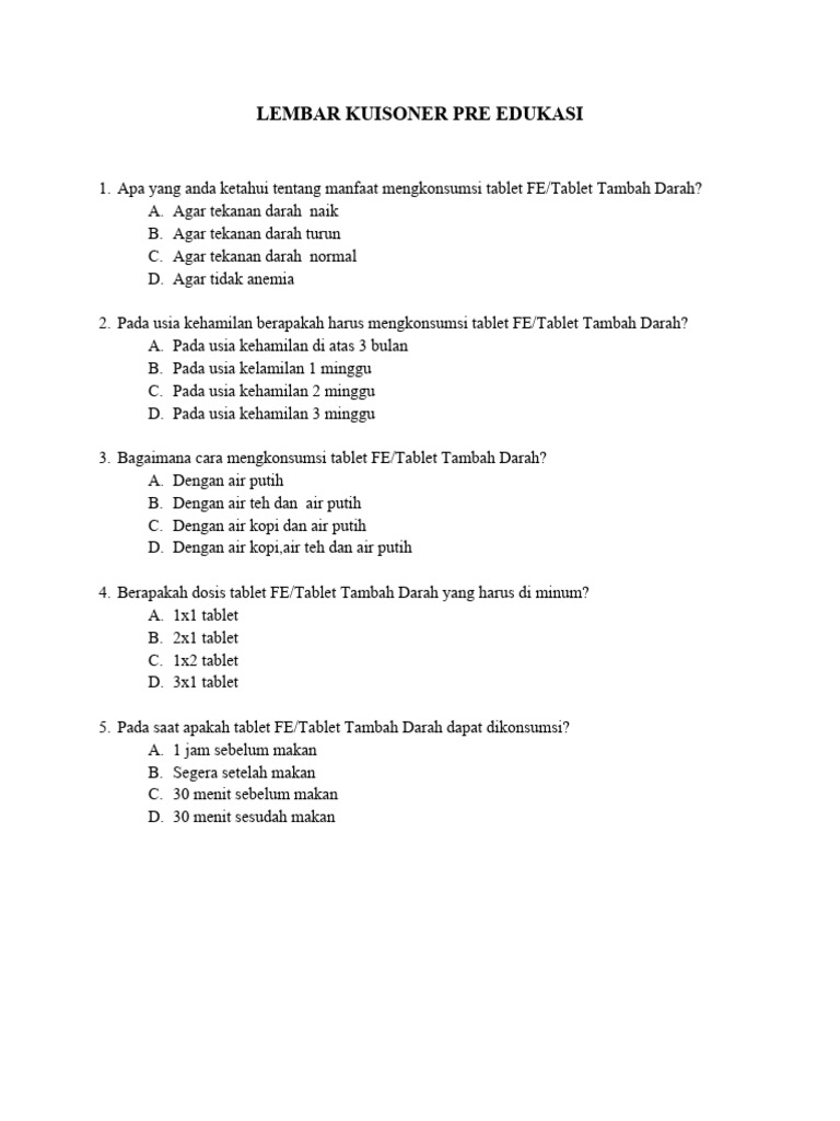 Kuisoner Edukasi Tablet FE untuk Kehamilan | PDF