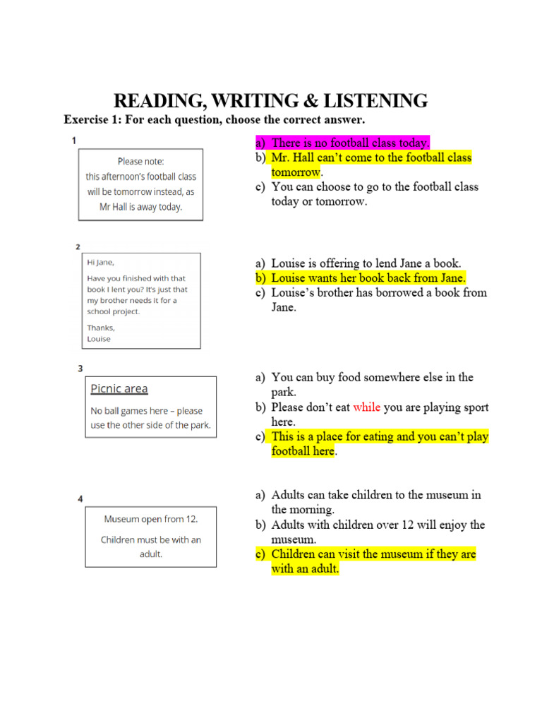 Reading, Writing & Listening: Exercise 1: For Each Question, Choose The Correct Answer | PDF
