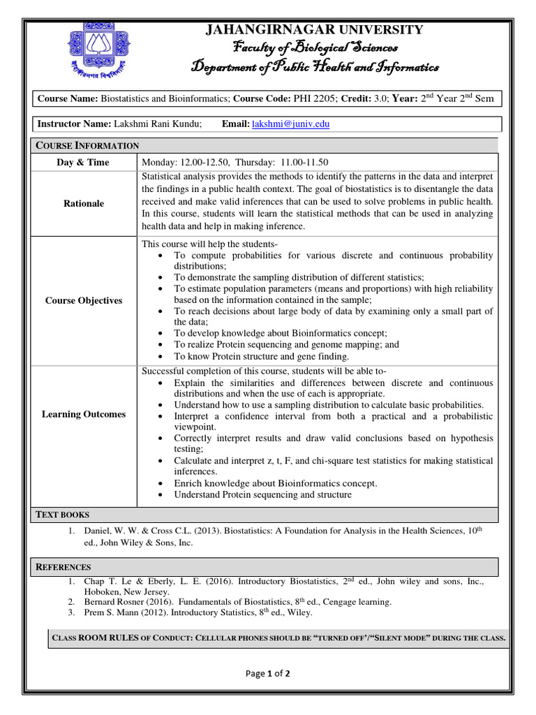 Course Outline | PDF | Statistics | Biostatistics