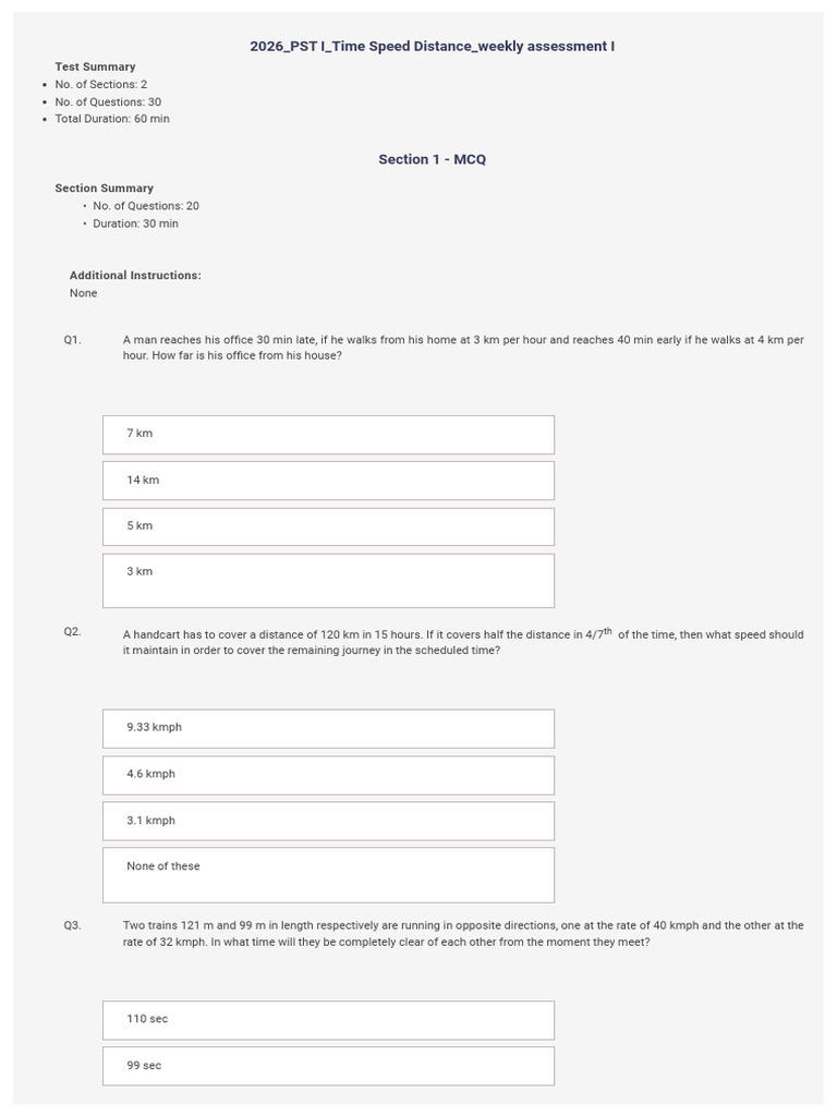 Time Speed Distance - Weekly Assessment 10.04.2025 | PDF | Speed | Velocity