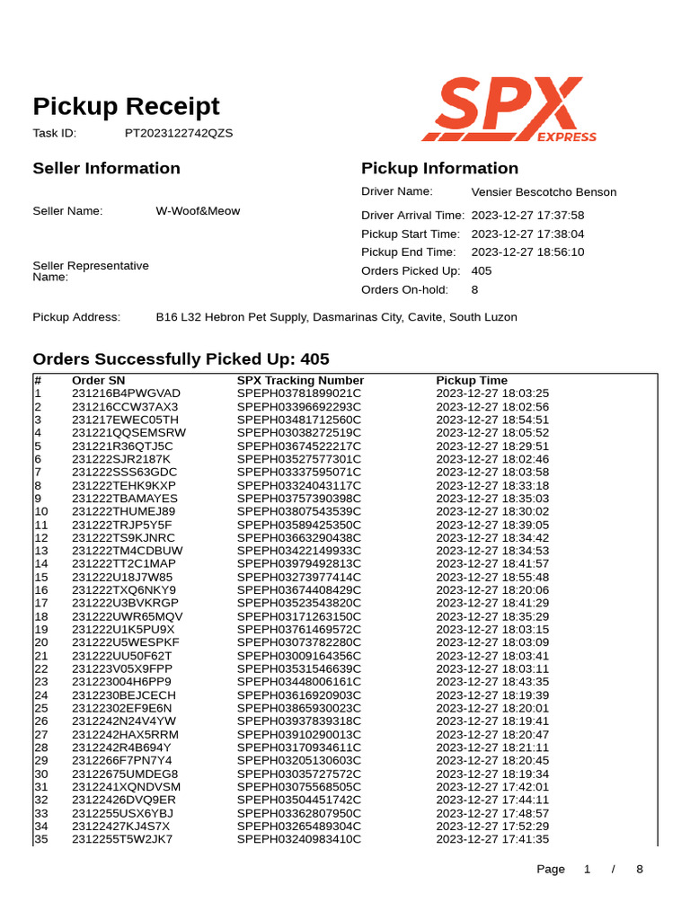 Pickup Task PT2023122742QZS Customer 307409723 | PDF