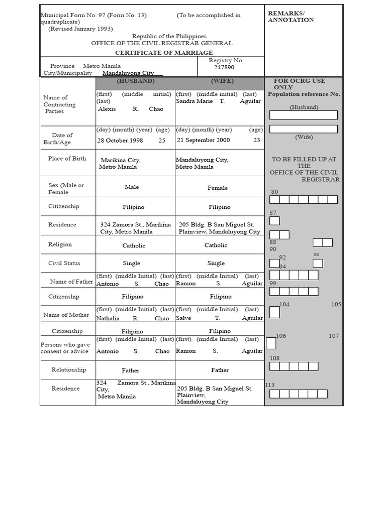 Mandaluyong Marriage Certificate Form 97 | PDF | Social Institutions ...