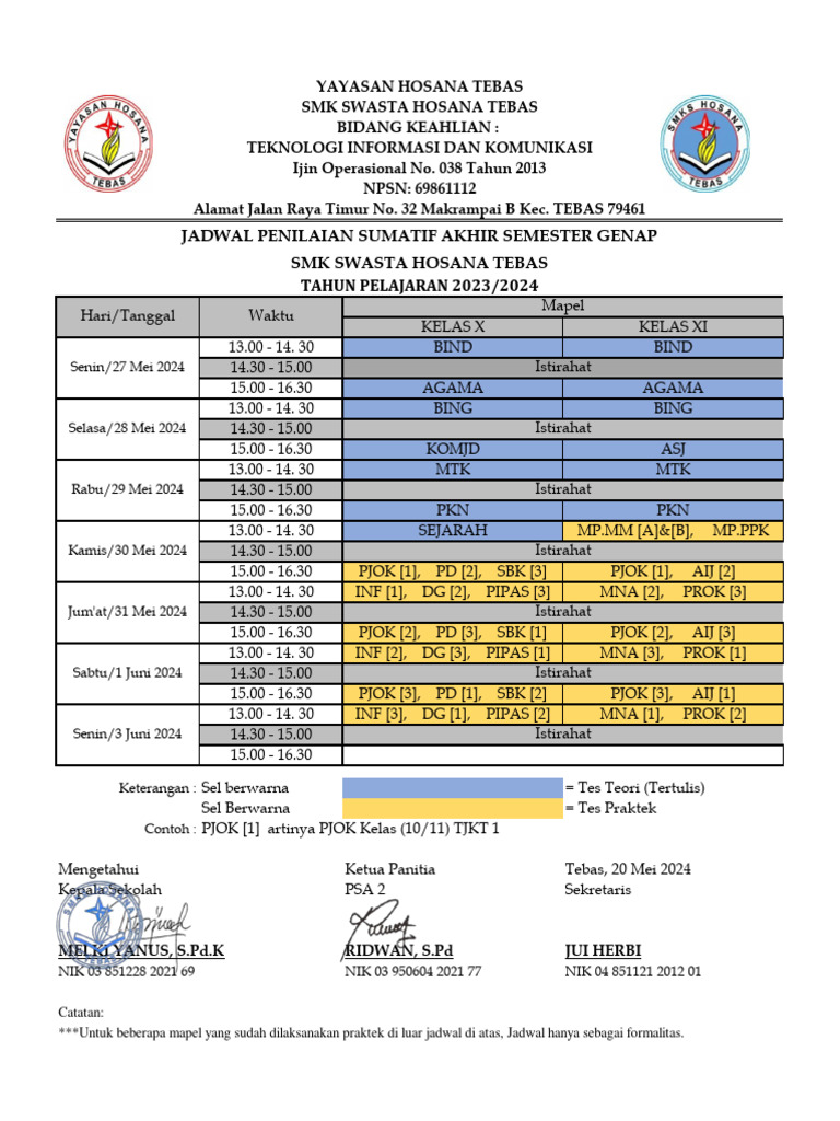 JADWAL PENILAIAN SUMATIF AKHIR SEMESTER GENAP 2023-2024 (Siiiaaap) | PDF