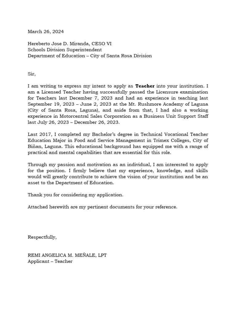 Deped Intent Letter For Application - Rammenale | PDF | Teachers ...