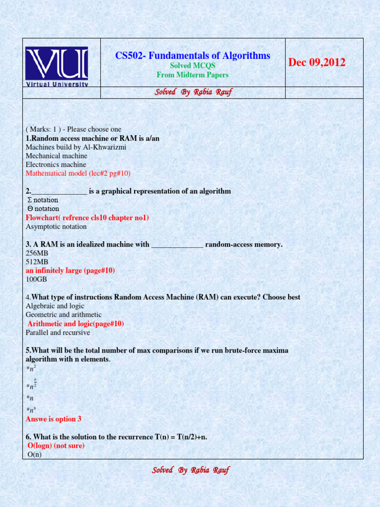 CS502 Objective File For Mid Term | PDF | Time Complexity | Algorithms