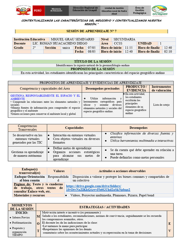 FORMATO Sesión de Aprendizaje - UGEL PADRE ABAD - 2024 CCSS 4° EDA 1 Semana 6 | Descargar gratis ...