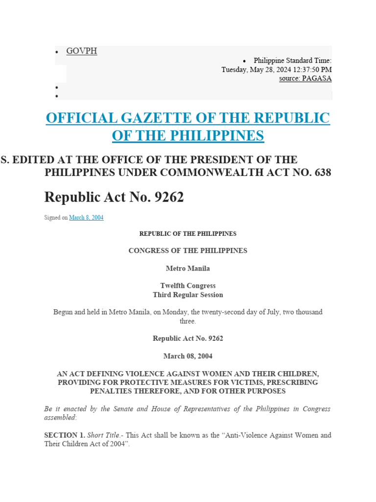 RA 9262 | PDF | Restraining Order | Domestic Violence