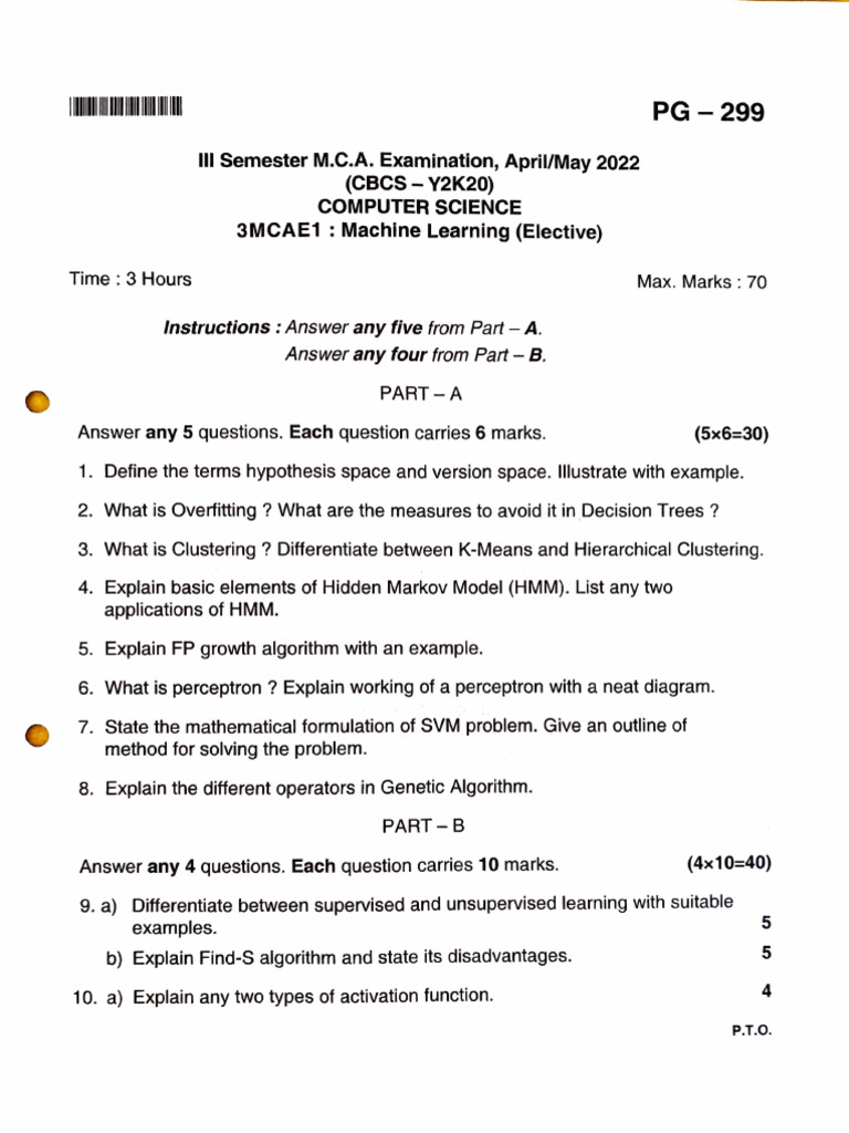 Machine Learning 3rd Sem MCA 2022 QP | Download Free PDF | Cluster Analysis | Machine Learning